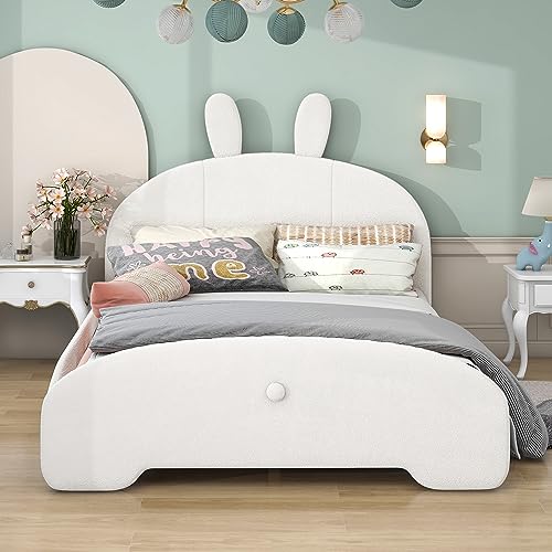 VilroCaz Modern Full Size Upholstered Platform Bed with Cartoon Ears Shaped Headboard for Kids, Teddy Flannel Upholstered Platform Bed Frame with Sturdy Slats Support, No-Noise Design