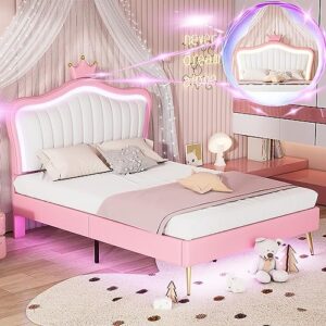 linique queen size upholstered bed frame with led lights, modern upholstered princess bed with crown headboard, white+pink