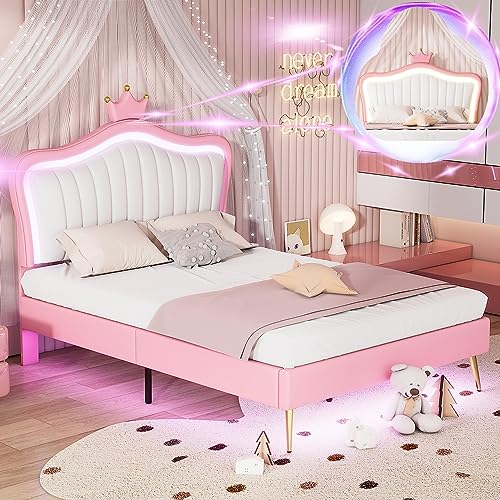 Linique Full Size Upholstered Bed Frame with LED Lights, Modern Upholstered Princess Bed with Crown Headboard, White+Pink