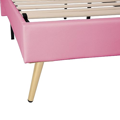 Linique Full Size Upholstered Bed Frame with LED Lights, Modern Upholstered Princess Bed with Crown Headboard, White+Pink