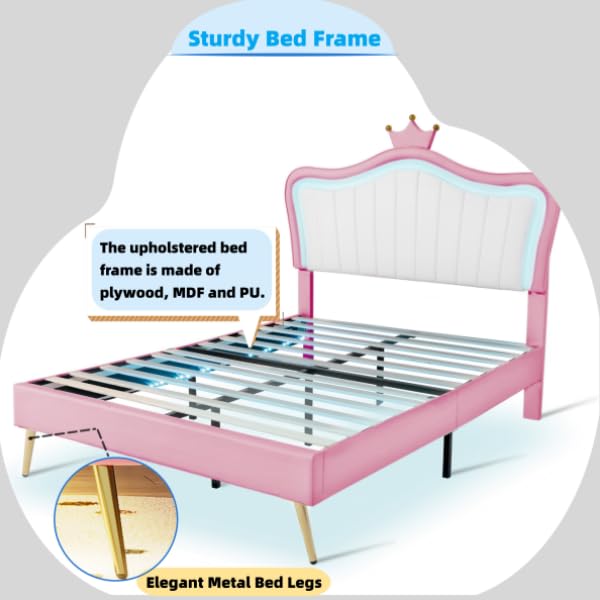 Linique Full Size Upholstered Bed Frame with LED Lights, Modern Upholstered Princess Bed with Crown Headboard, White+Pink