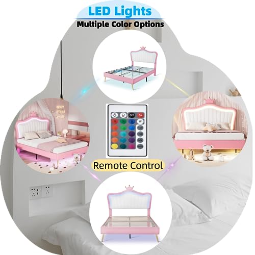 Linique Full Size Upholstered Bed Frame with LED Lights, Modern Upholstered Princess Bed with Crown Headboard, White+Pink