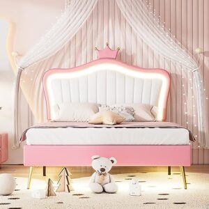 Linique Full Size Upholstered Bed Frame with LED Lights, Modern Upholstered Princess Bed with Crown Headboard, White+Pink