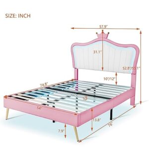 Linique Full Size Upholstered Bed Frame with LED Lights, Modern Upholstered Princess Bed with Crown Headboard, White+Pink