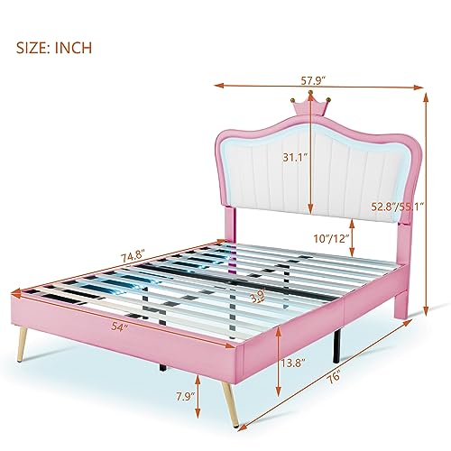 Linique Full Size Upholstered Bed Frame with LED Lights, Modern Upholstered Princess Bed with Crown Headboard, White+Pink