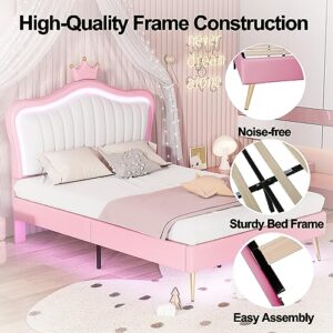 Linique Full Size Upholstered Bed Frame with LED Lights, Modern Upholstered Princess Bed with Crown Headboard, White+Pink