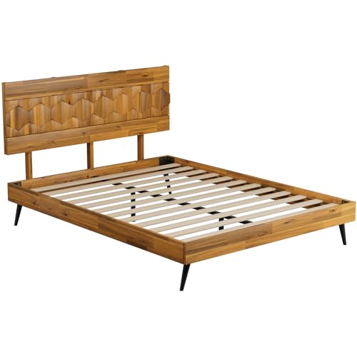 Bme Georgina Queen Bed Frame and Headboard, Handcrafted Geometric Pattern Solid Wood, No Box Spring Needed, 12 Strong Wood Slats Support, Easy Assembly, Teak Brown + Seagrass Belly Basket