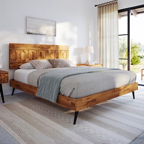 Bme Georgina Queen Bed Frame and Headboard, Handcrafted Geometric Pattern Solid Wood, No Box Spring Needed, 12 Strong Wood Slats Support, Easy Assembly, Teak Brown + Seagrass Belly Basket