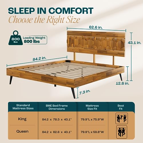 Bme Georgina Queen Bed Frame and Headboard, Handcrafted Geometric Pattern Solid Wood, No Box Spring Needed, 12 Strong Wood Slats Support, Easy Assembly, Teak Brown + Seagrass Belly Basket