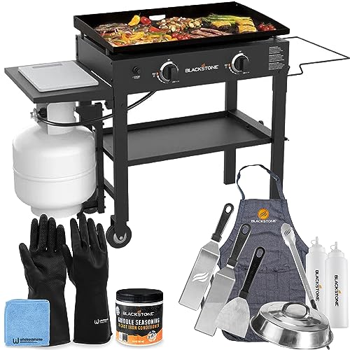 Blackstone 28" Flat Top Grill, Model 1853, 2 Burner Black Gas Griddle with Stand for Camping and Outdoor BBQ, Includes Blackstone Accessories Kit Cast Iron Seasoning and Wholesalehome Gloves and Cloth