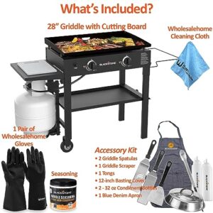 Blackstone 28" Flat Top Grill, Model 1853, 2 Burner Black Gas Griddle with Stand for Camping and Outdoor BBQ, Includes Blackstone Accessories Kit Cast Iron Seasoning and Wholesalehome Gloves and Cloth