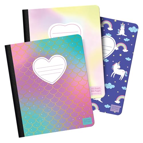 ScribbleMate Cute Composition Notebook Wide Ruled, Set of 3 Composition Notebpooks for Kids, Wide Ruled Composition Notebook for Boys and Girls. 100 pages 200 sheets. 9.75” x 7.5”