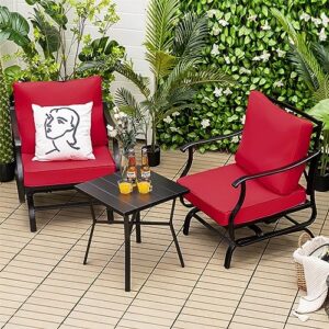 TKFDC 3PCS Patio Rocking Bistro Set Cushioned Chair Armrest Side Table Red