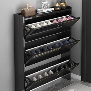 Shoe Cabinet with Doors, Shoe Storage Cabinet with 3 Flip Drawers for Entryway, Wood Narrow Shoe Rack, Tall Shoe Shelf for Living Room Porch Hallway, Black