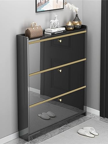 Shoe Cabinet with Doors, Shoe Storage Cabinet with 3 Flip Drawers for Entryway, Wood Narrow Shoe Rack, Tall Shoe Shelf for Living Room Porch Hallway, Black