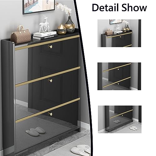 Shoe Cabinet with Doors, Shoe Storage Cabinet with 3 Flip Drawers for Entryway, Wood Narrow Shoe Rack, Tall Shoe Shelf for Living Room Porch Hallway, Black