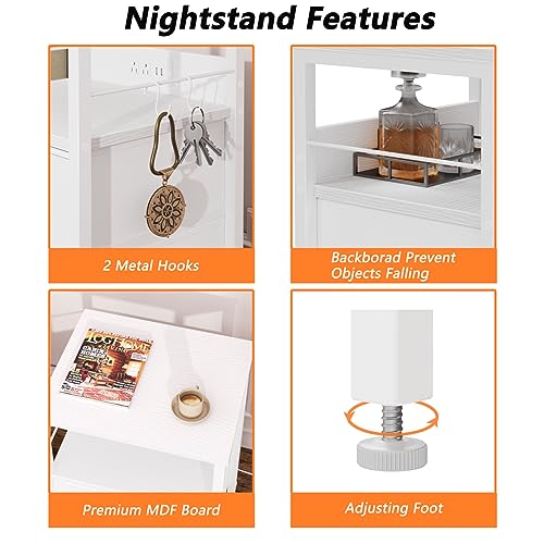 Furologee End Table and Bookshelf, Nightstand with Charging Station, Tall Narrow Bookcase with Shelves, Side Table with Storage Shelf & Hooks, for Living Room/Bedroom