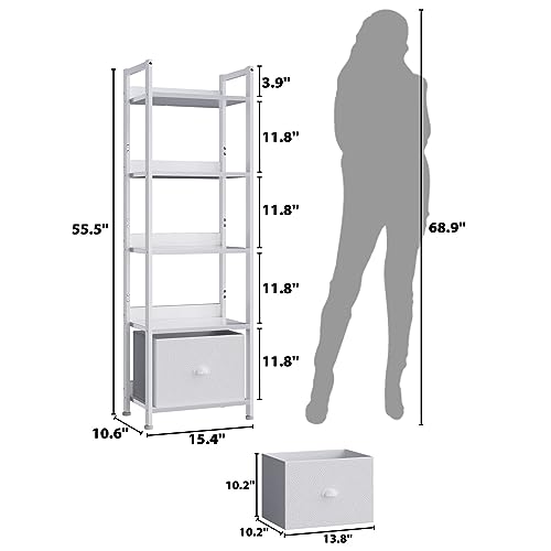 Furologee End Table and Bookshelf, Nightstand with Charging Station, Tall Narrow Bookcase with Shelves, Side Table with Storage Shelf & Hooks, for Living Room/Bedroom