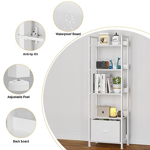 Furologee End Table and Bookshelf, Nightstand with Charging Station, Tall Narrow Bookcase with Shelves, Side Table with Storage Shelf & Hooks, for Living Room/Bedroom