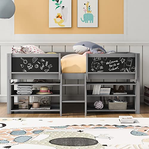 Lofaris Twin Size Low Loft Bed with Two Movable Shelves and Ladder,with Decorative Guardrail Chalkboard for Child,A Huge Storage Space for Clothes,Toys and Other Things,Gray.