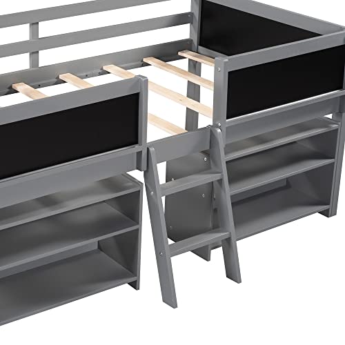 Lofaris Twin Size Low Loft Bed with Two Movable Shelves and Ladder,with Decorative Guardrail Chalkboard for Child,A Huge Storage Space for Clothes,Toys and Other Things,Gray.