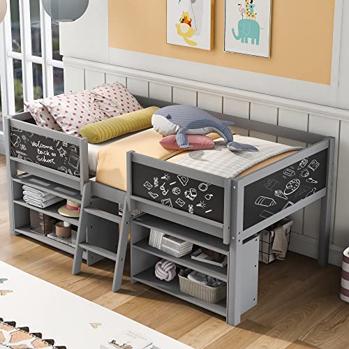 Lofaris Twin Size Low Loft Bed with Two Movable Shelves and Ladder,with Decorative Guardrail Chalkboard for Child,A Huge Storage Space for Clothes,Toys and Other Things,Gray.