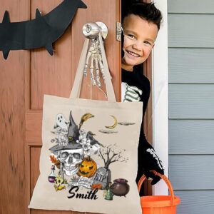 Personalized Halloween Tote Bag with Name or Text 14 * 12 Inch Custom Pumpkin Witch Black Cat Castle Skeleton Ghost Canvas Tote Bag for Candy Gifts-06