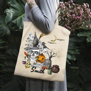 Personalized Halloween Tote Bag with Name or Text 14 * 12 Inch Custom Pumpkin Witch Black Cat Castle Skeleton Ghost Canvas Tote Bag for Candy Gifts-06