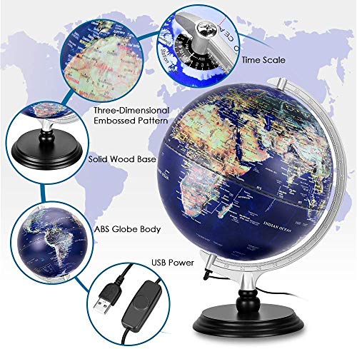 World Globe,Raised Relief Topographical Globe,Built-In LED Light for Night View for Learning Education Teaching Demo Home Office Desk Decoration