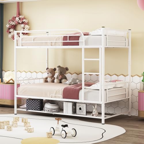 Metal Bunk Bed Frame,Divided into 2 Beds, Twin Over Twin Bunk Bed with Shelf, Safety Guard Rails and Ladder, Heavy-Duty Steel Frame Bunk Bed for Kids Teens Adults,No Box Spring Needed (White)