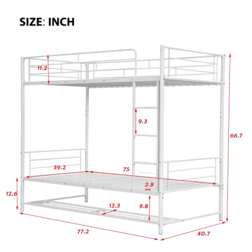 Metal Bunk Bed Frame,Divided into 2 Beds, Twin Over Twin Bunk Bed with Shelf, Safety Guard Rails and Ladder, Heavy-Duty Steel Frame Bunk Bed for Kids Teens Adults,No Box Spring Needed (White)