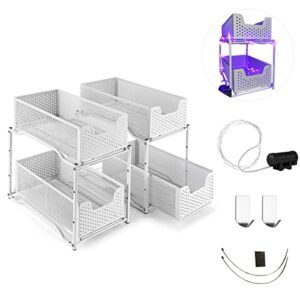 2 pack stackable 2-tier metal under sink cabinet organizer with sliding storage drawers with hooks and led strip lights,white