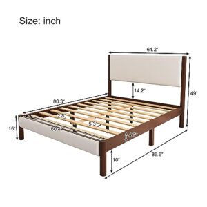 Merax Modern Farmhouse Solid Wood Platform Bed with Upholstered Headboard, Queen Bed Frame/No Box Spring Needed, Rich Walnut