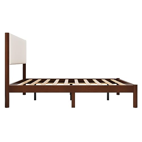 Merax Modern Farmhouse Solid Wood Platform Bed with Upholstered Headboard, Queen Bed Frame/No Box Spring Needed, Rich Walnut