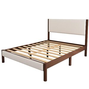 Merax Modern Farmhouse Solid Wood Platform Bed with Upholstered Headboard, Queen Bed Frame/No Box Spring Needed, Rich Walnut