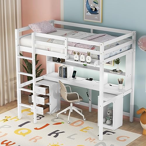 Modern Twin Size Loft Bed with Ladder, Solid Wood Loft Bed Frame with Multi-storage Desk and LED light, Versatility Galore Loft Bed with Full-length Security Fence for Kids Teens Adults, No Box Spring