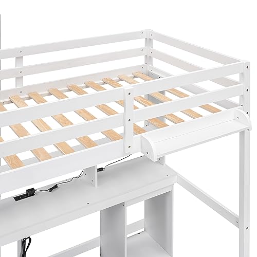 Modern Twin Size Loft Bed with Ladder, Solid Wood Loft Bed Frame with Multi-storage Desk and LED light, Versatility Galore Loft Bed with Full-length Security Fence for Kids Teens Adults, No Box Spring