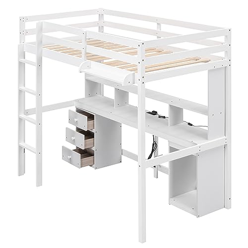 Modern Twin Size Loft Bed with Ladder, Solid Wood Loft Bed Frame with Multi-storage Desk and LED light, Versatility Galore Loft Bed with Full-length Security Fence for Kids Teens Adults, No Box Spring