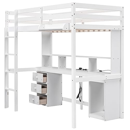 Modern Twin Size Loft Bed with Ladder, Solid Wood Loft Bed Frame with Multi-storage Desk and LED light, Versatility Galore Loft Bed with Full-length Security Fence for Kids Teens Adults, No Box Spring