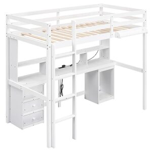 Modern Twin Size Loft Bed with Ladder, Solid Wood Loft Bed Frame with Multi-storage Desk and LED light, Versatility Galore Loft Bed with Full-length Security Fence for Kids Teens Adults, No Box Spring