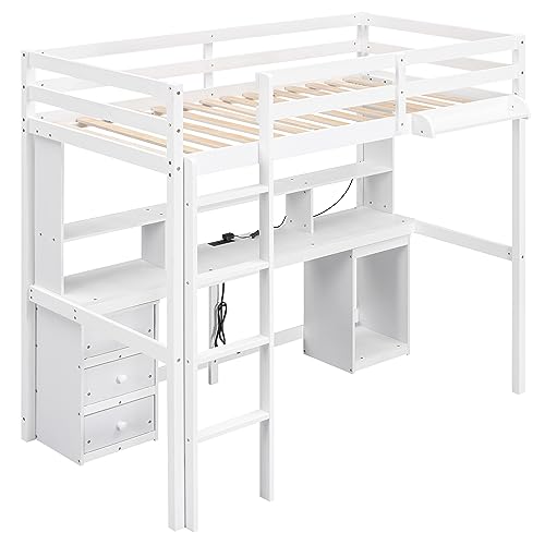 Modern Twin Size Loft Bed with Ladder, Solid Wood Loft Bed Frame with Multi-storage Desk and LED light, Versatility Galore Loft Bed with Full-length Security Fence for Kids Teens Adults, No Box Spring