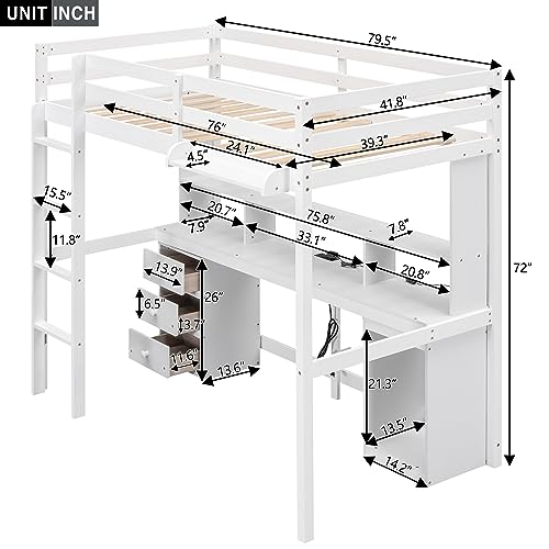 Modern Twin Size Loft Bed with Ladder, Solid Wood Loft Bed Frame with Multi-storage Desk and LED light, Versatility Galore Loft Bed with Full-length Security Fence for Kids Teens Adults, No Box Spring