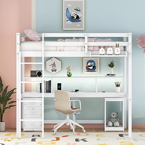 Modern Twin Size Loft Bed with Ladder, Solid Wood Loft Bed Frame with Multi-storage Desk and LED light, Versatility Galore Loft Bed with Full-length Security Fence for Kids Teens Adults, No Box Spring