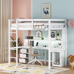 Modern Twin Size Loft Bed with Ladder, Solid Wood Loft Bed Frame with Multi-storage Desk and LED light, Versatility Galore Loft Bed with Full-length Security Fence for Kids Teens Adults, No Box Spring