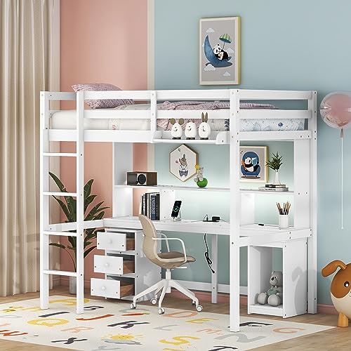 Modern Twin Size Loft Bed with Ladder, Solid Wood Loft Bed Frame with Multi-storage Desk and LED light, Versatility Galore Loft Bed with Full-length Security Fence for Kids Teens Adults, No Box Spring