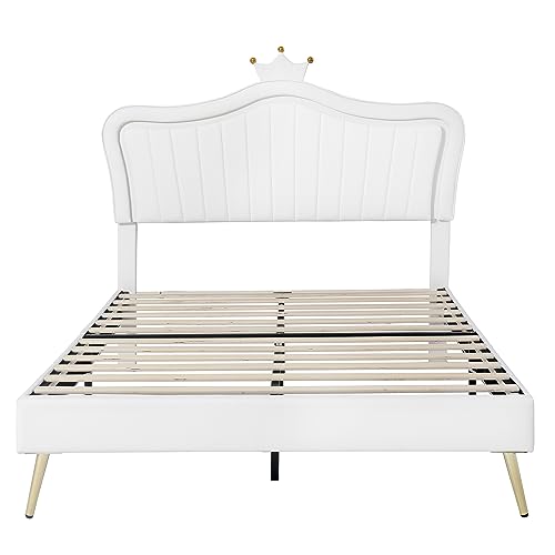 DEINPPA Queen Princess Platform Bed with Upholstered Led Headboard, Kids Bed Frame with Crown Element Design, No Box Spring Need, for Kids Toddler Children, PU-White