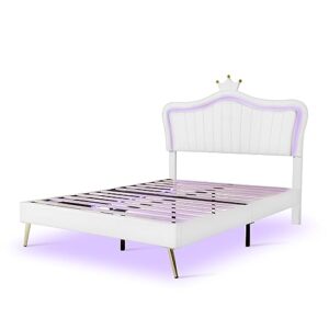 DEINPPA Queen Princess Platform Bed with Upholstered Led Headboard, Kids Bed Frame with Crown Element Design, No Box Spring Need, for Kids Toddler Children, PU-White