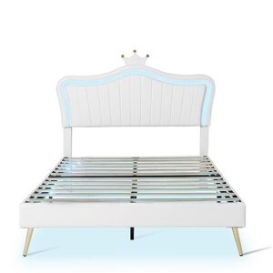 DEINPPA Queen Princess Platform Bed with Upholstered Led Headboard, Kids Bed Frame with Crown Element Design, No Box Spring Need, for Kids Toddler Children, PU-White