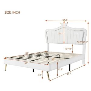 DEINPPA Queen Princess Platform Bed with Upholstered Led Headboard, Kids Bed Frame with Crown Element Design, No Box Spring Need, for Kids Toddler Children, PU-White