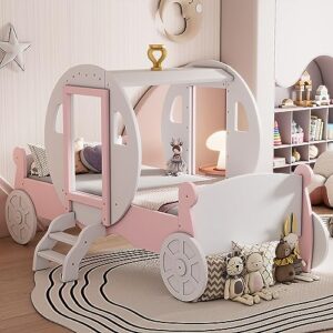 twin size princess bed with carriage shaped appearance, wood girls bed with headboard and footboard, little girl platform bed, no box spring needed, pink+white